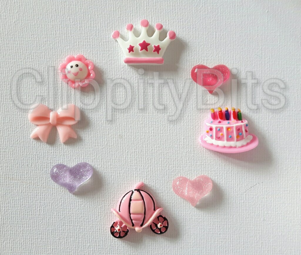 Girly Resin Flatbacks Crown, Cake, Heart, Bow, Carriage - Clippitybits