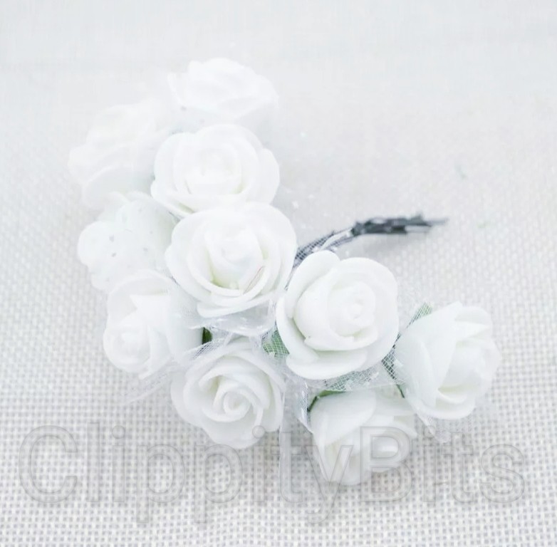 25mm White Foam Roses With Tulle Spring Flowers - Clippitybits